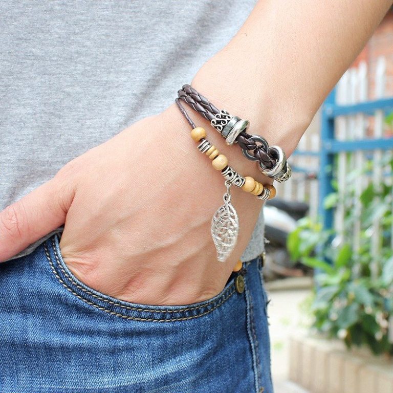 Handmade Leather Bracelet Brown Tribal Leaf Beads Bohemian - Leather ...