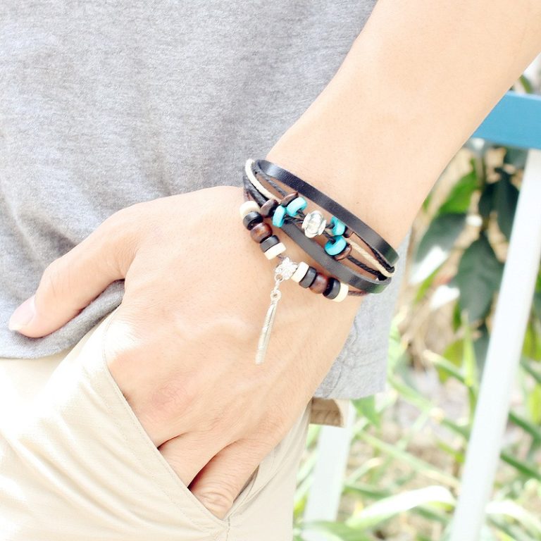 Handmade Leather Bracelet Blue Black Tribal Beads Leaf Bohemian ...